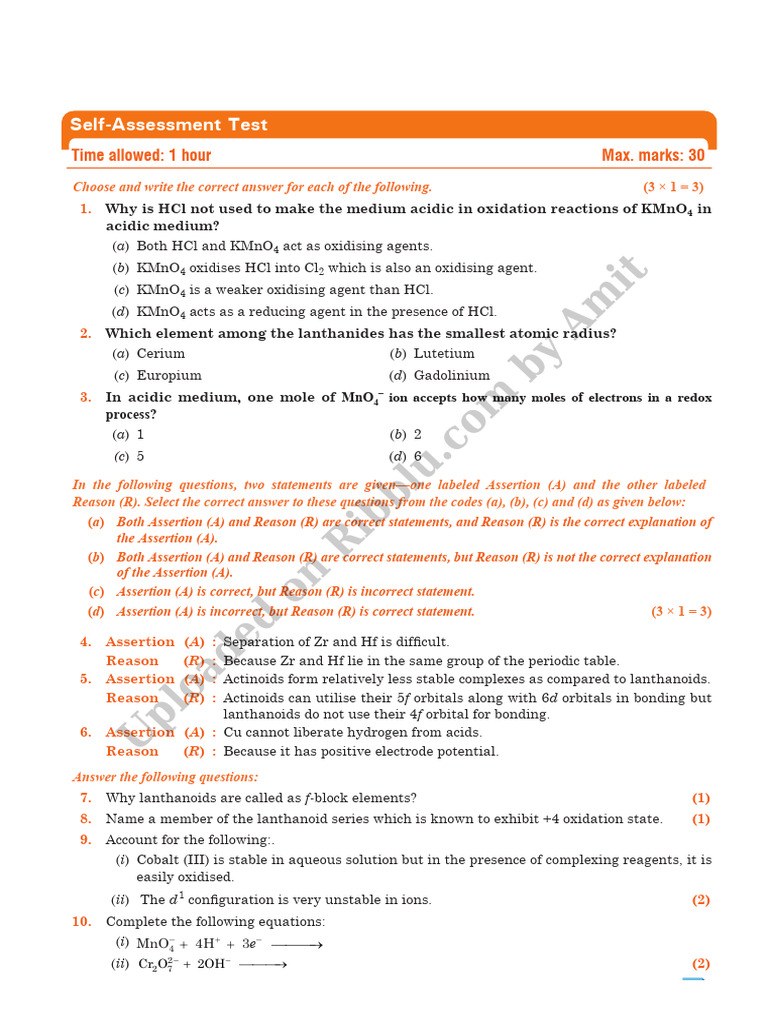 Test Paper On Chapter 8 The D and F Block Elements Class 12 Chemistry ...