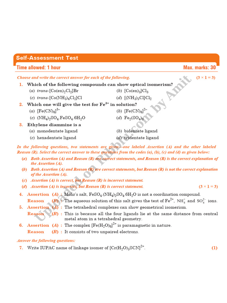 Class 12 Coordination Compounds Test | PDF | Coordination Complex | Ligand