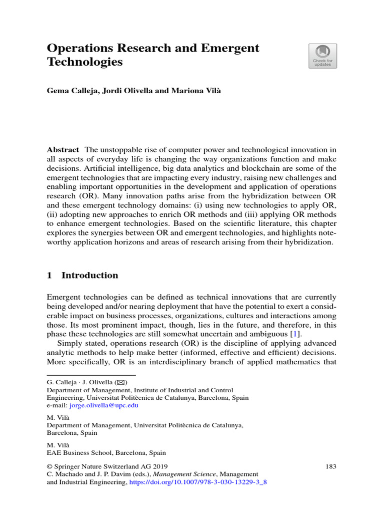 Operations Research and Emergent Technologies | PDF | Machine Learning ...