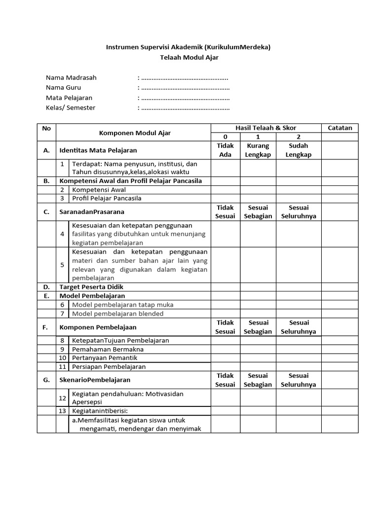 Instrumen Supervisi Penelaahan Modul Ajar | PDF | Karier & Perkembangan