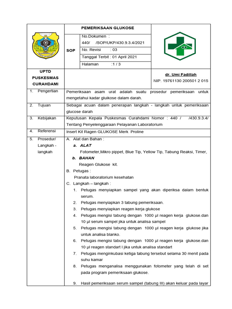 OK SOP Pemeriksaan Glukose Proline | PDF