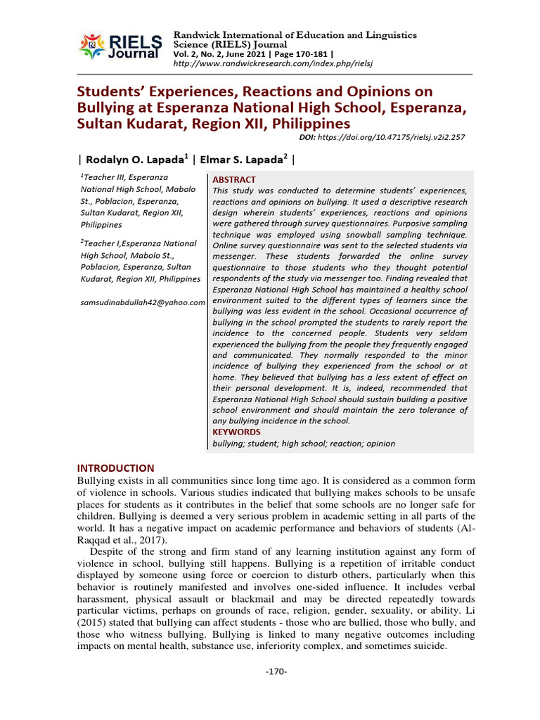 Students Experiences Reactions and Opini | PDF | Bullying | Survey ...