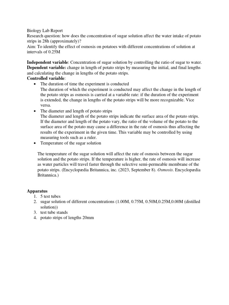 Biology Lab Report 1 - Zhi Yee Hoo | PDF | Osmosis | Chemistry