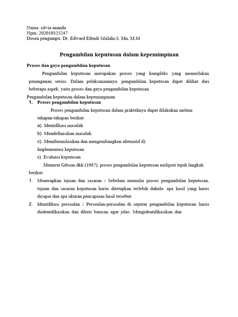 Pengambilan Keputusan Dalam Kepemimpinan (Silvia Ananda - 202010325247 ...