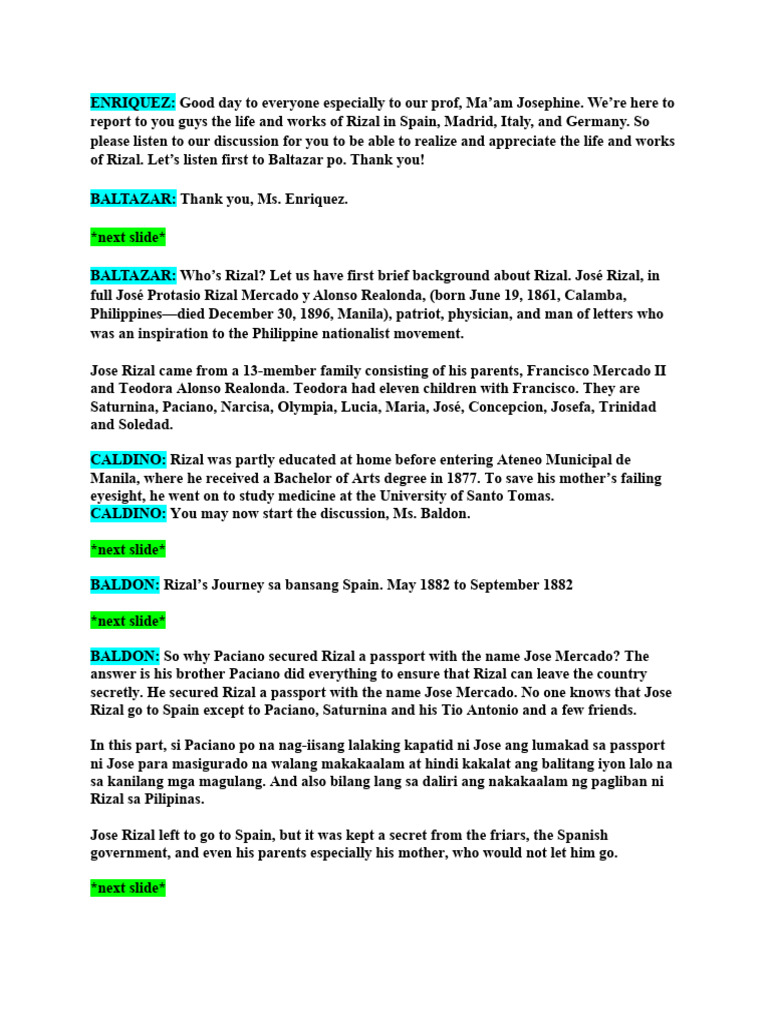 Rizal Script Group 1 | PDF | Philippines