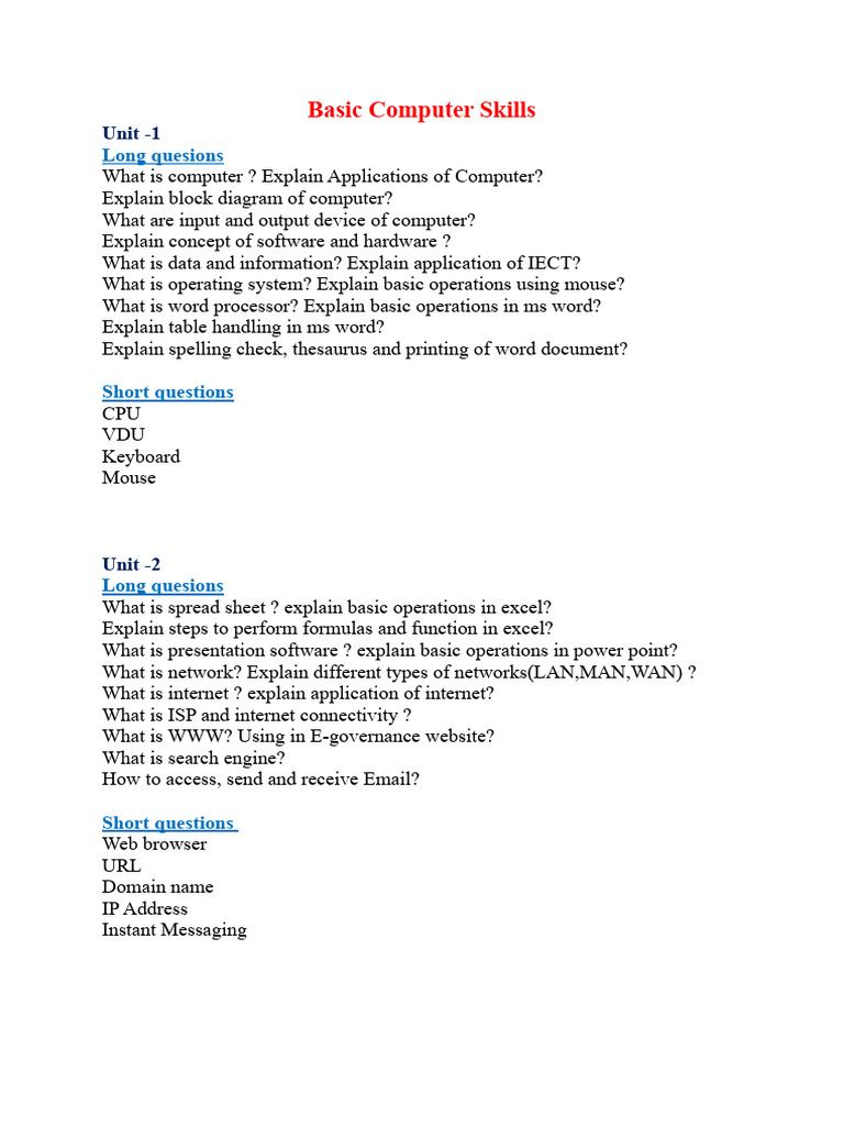 Basic Computer Skills Questions | PDF | Computers