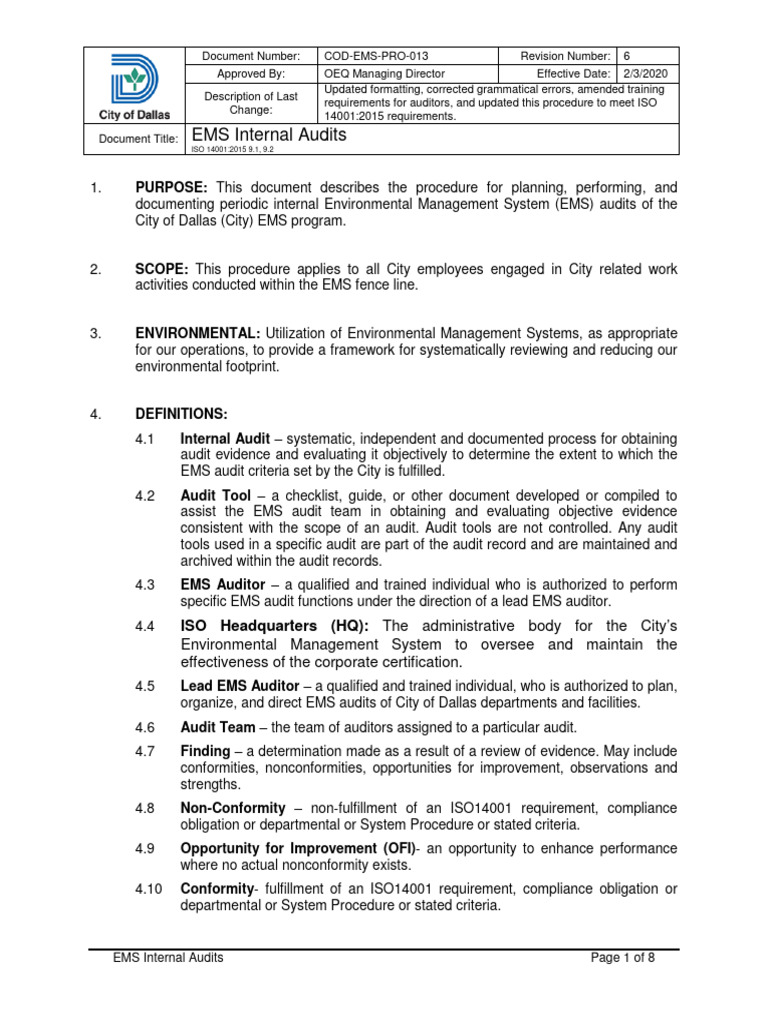 COD-EMS-PRO-013 EMS Internal Audits | PDF | Audit | Internal Audit