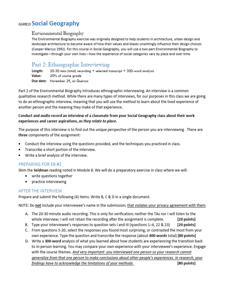 Ethnographic Interview Guide for Social Geography | PDF | Ethnography ...