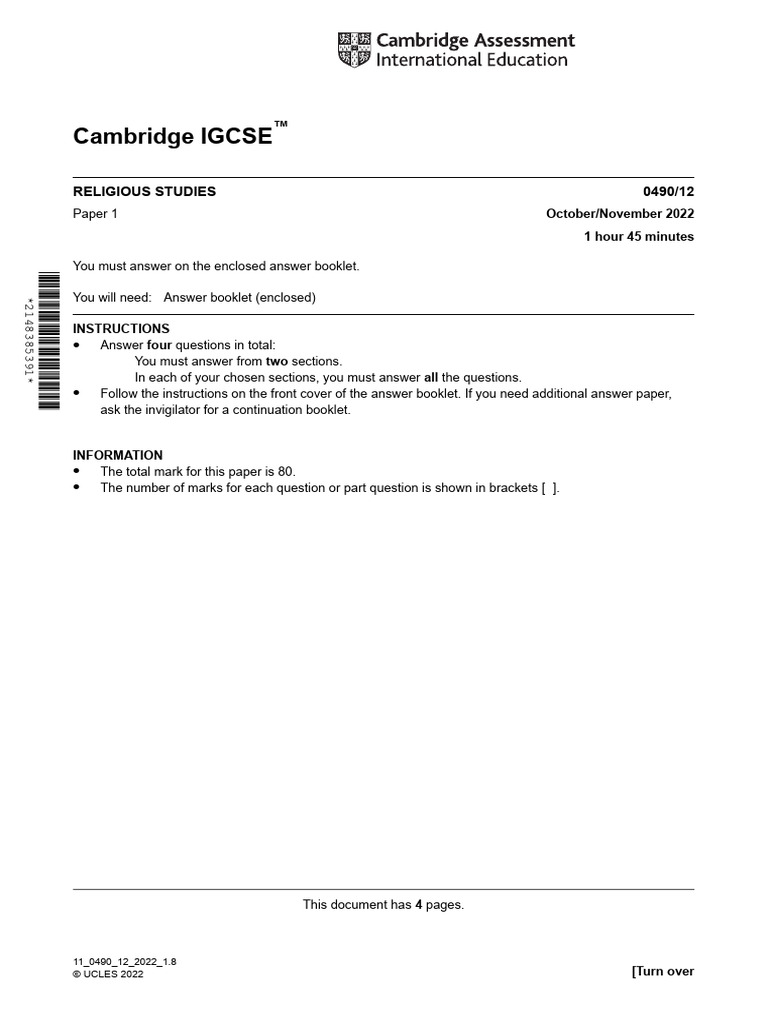 Cambridge IGCSE: 0490/12 Religious Studies | PDF | Religious Faiths ...