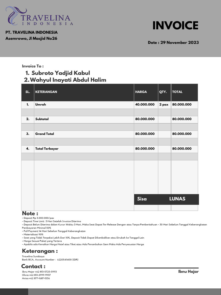 Invoice Travel Umroh PT Travelina | PDF