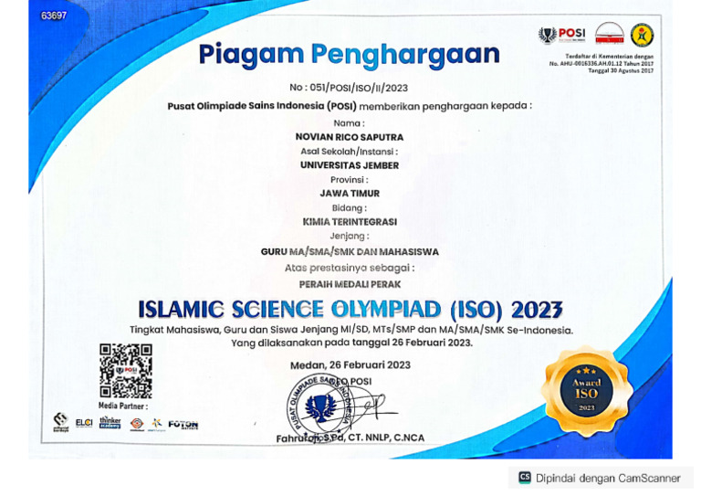 Piagam Juara 2 - Kimia Terintegrasi ISO 2023 | PDF