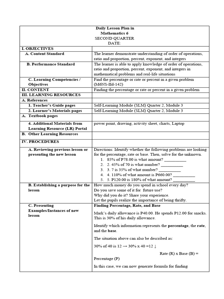 Pbes COT Lesson Plan Math Module 3 Q2 | PDF | Percentage | Learning