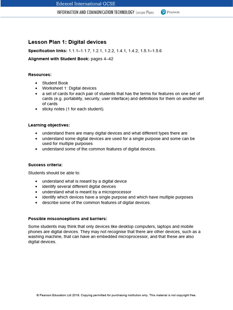 Igcse Ict Lessonplan 1 | PDF | Embedded System | Microprocessor