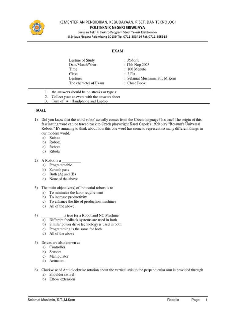Soal Uas Robotic 3 Ea 2023 | PDF | Robot | Robotics