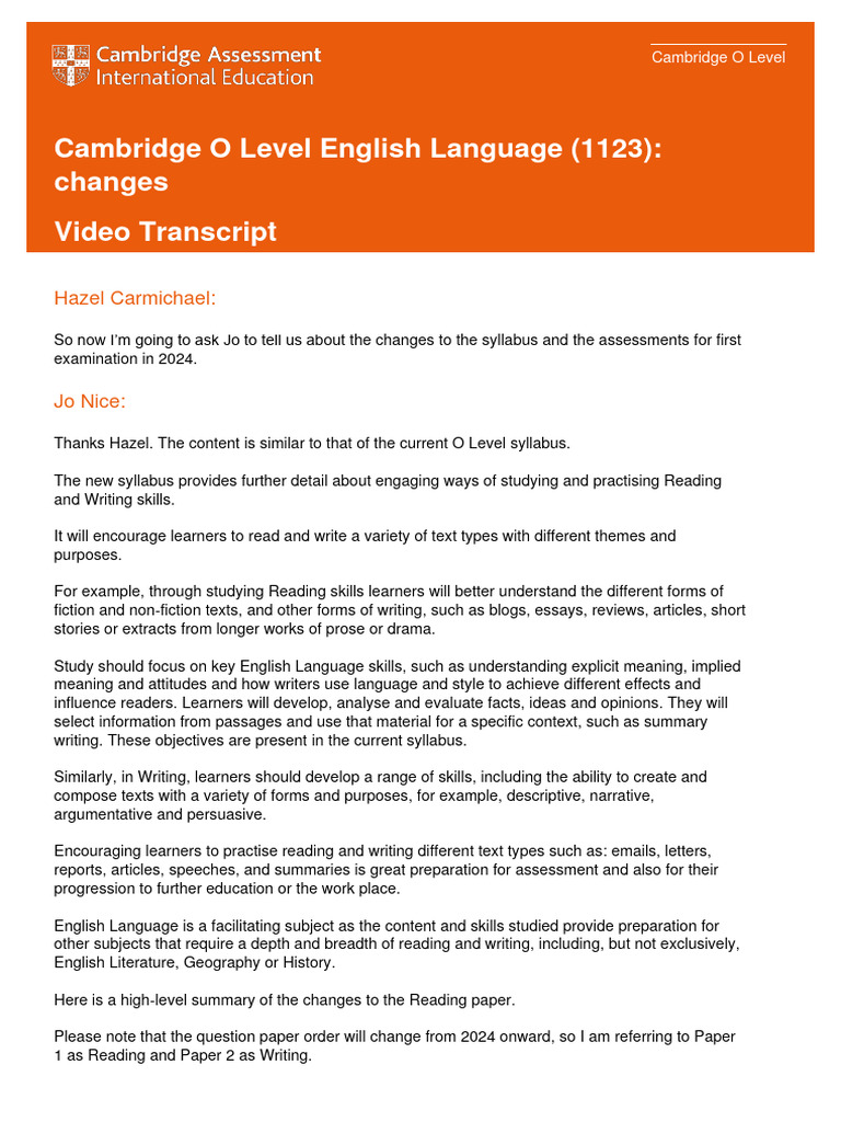 Cambridge o Level English 1123 Changes Detail Transcript | PDF ...