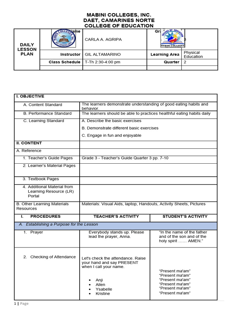 Detailed Lesson Plan Format MC PEH | PDF | Aerobic Exercise | Physical ...