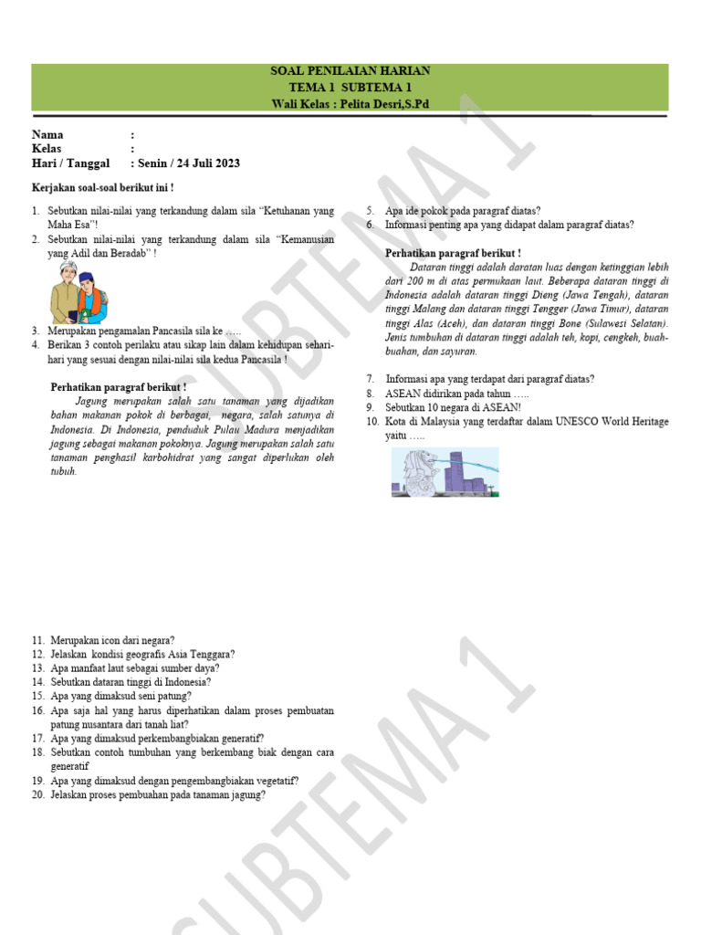 Soal Latihan Pengetahuan Tema 1 Sub 1 | PDF