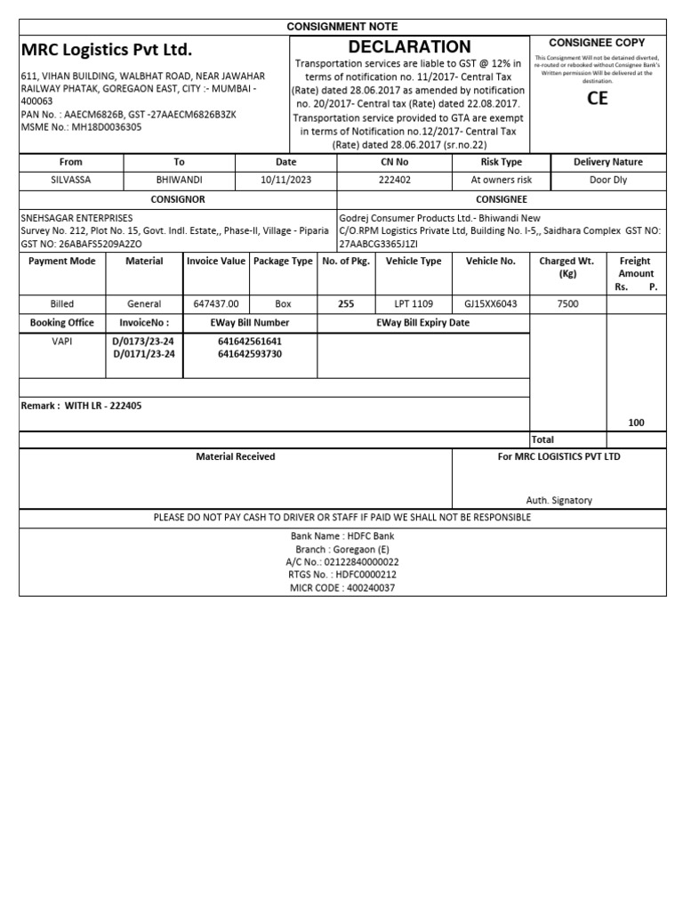 MRC Logistics PVT LTD.: Declaration | PDF | Taxes | Government Finances
