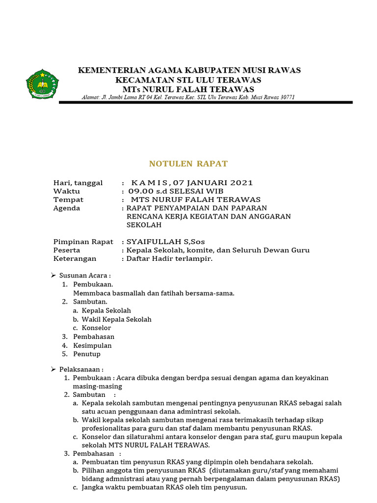 Daftar Hadir Rapat Rkas Dan Notulen PDF | PDF