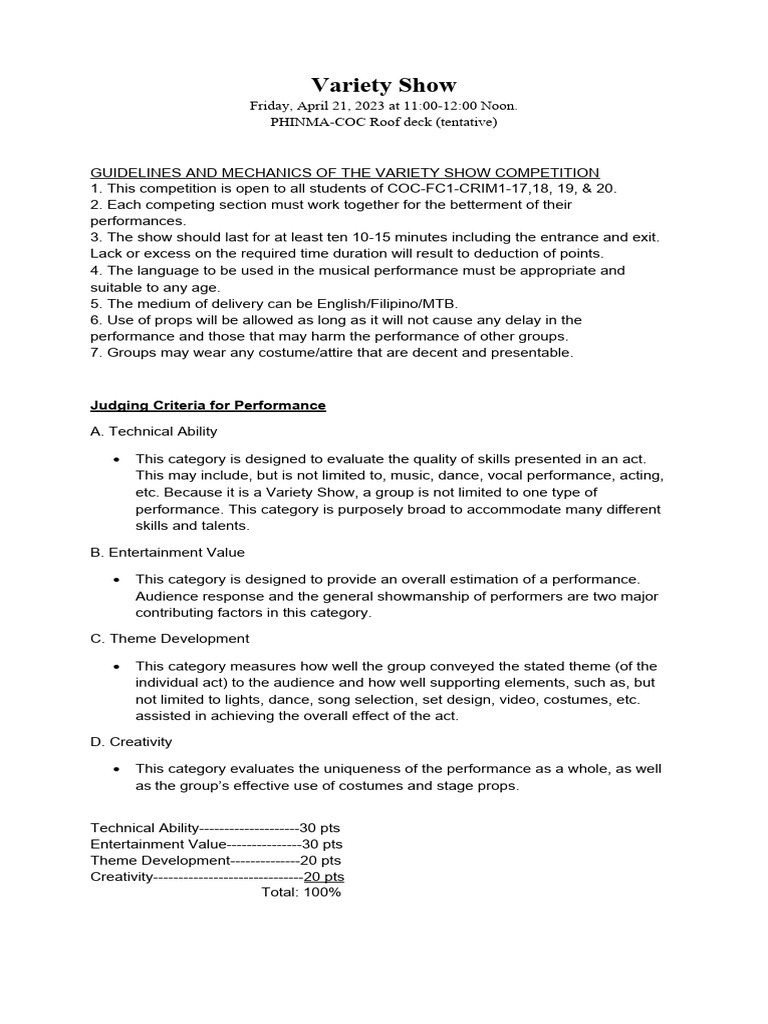 COC-FC Variety Show Guidelines | PDF | Entertainment | Creativity