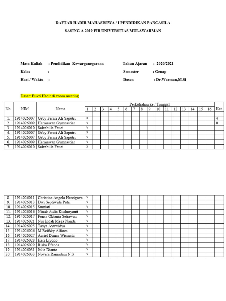 Contoh Rekap Daftar Hadir | PDF