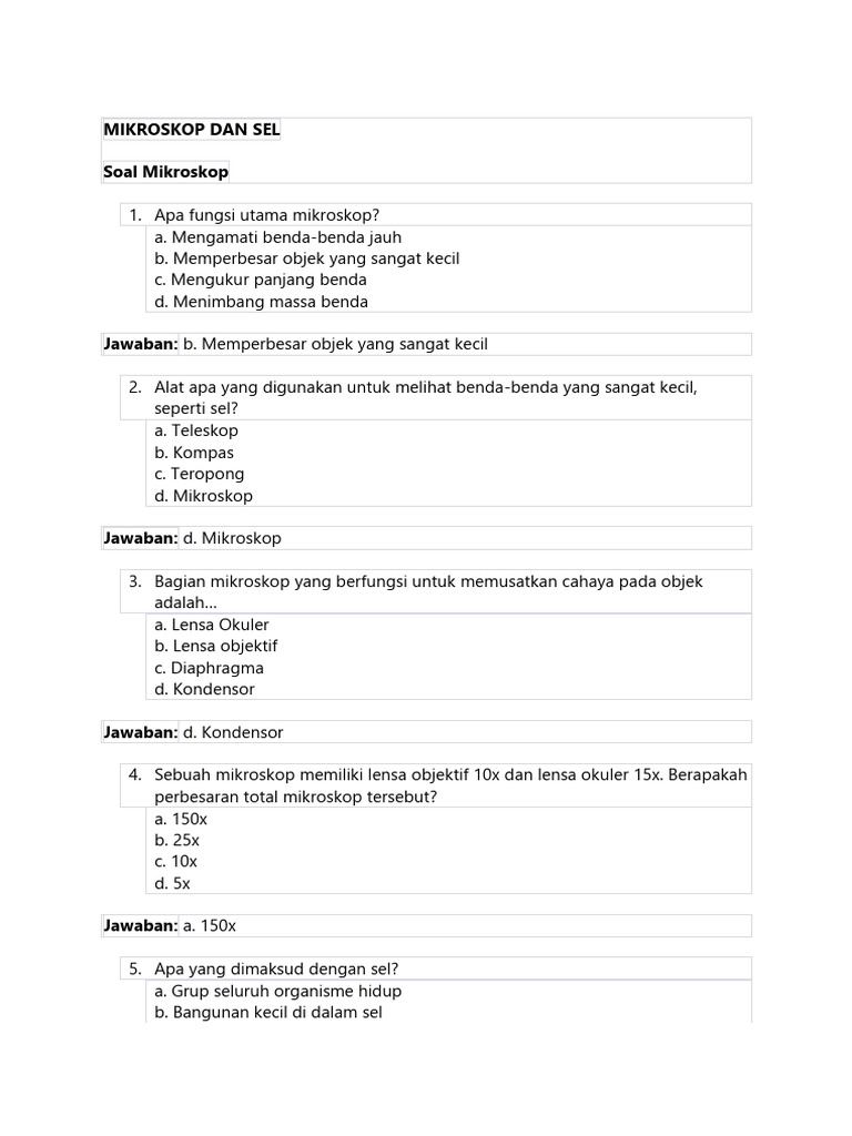 Soal Latihan Mikroskop Dan Sel | PDF