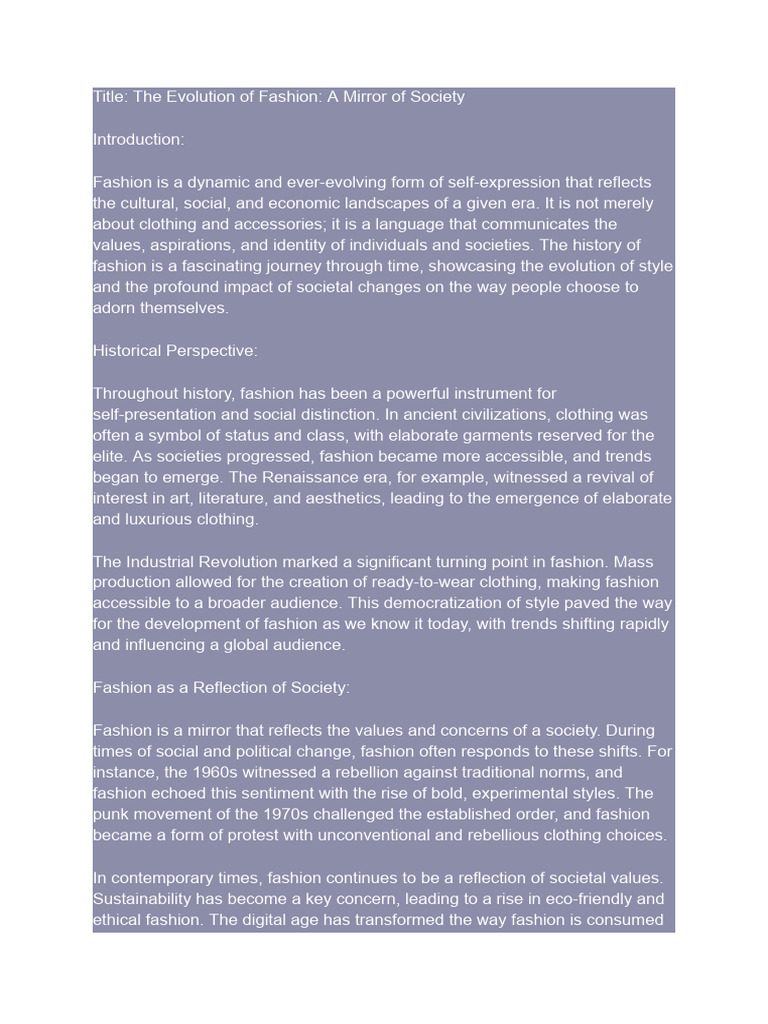 Short Essay On Fashion | PDF | Fashion | Clothing