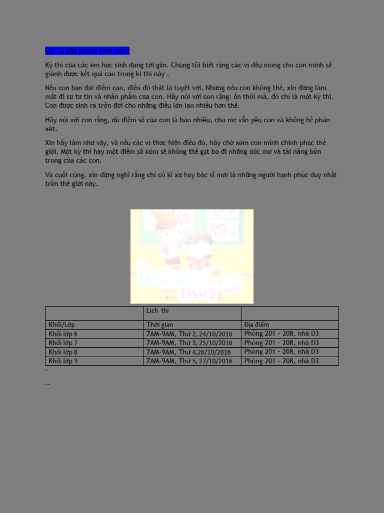 Các Vị Phụ Huynh Kính Mến | PDF