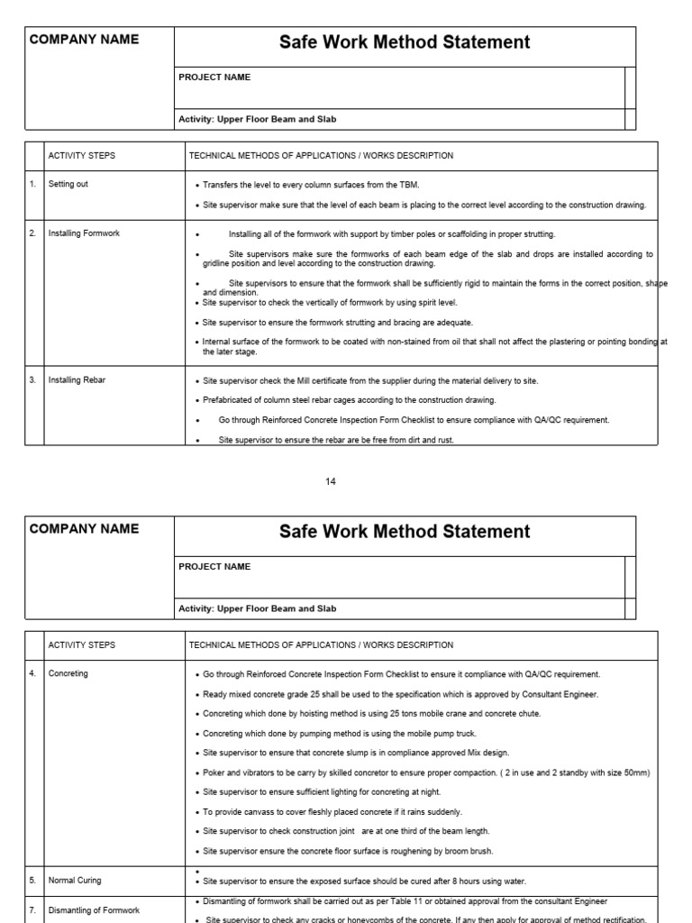 4) Work Method Statement Upper Floor Beam & Slab | PDF | Concrete ...