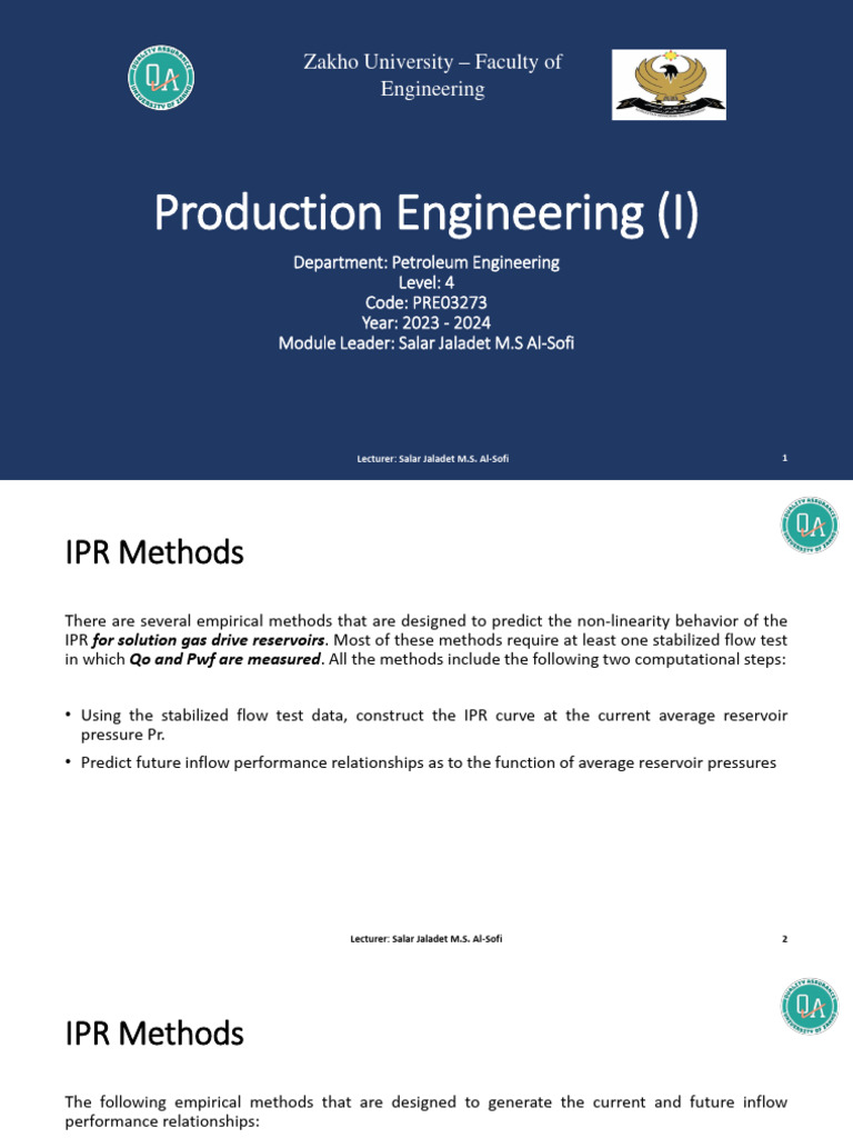 04 Lecture 4 Inflow Performance Relationship IPR Methods Vogel & | PDF | Petroleum Reservoir ...