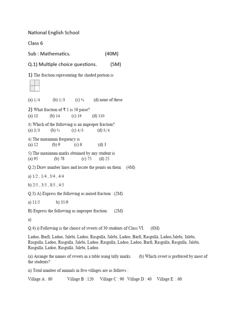 National English School Class 6 Sub: Mathematics. (40M) Q.1) Multiple Choice Questions. (5M) 1 ...