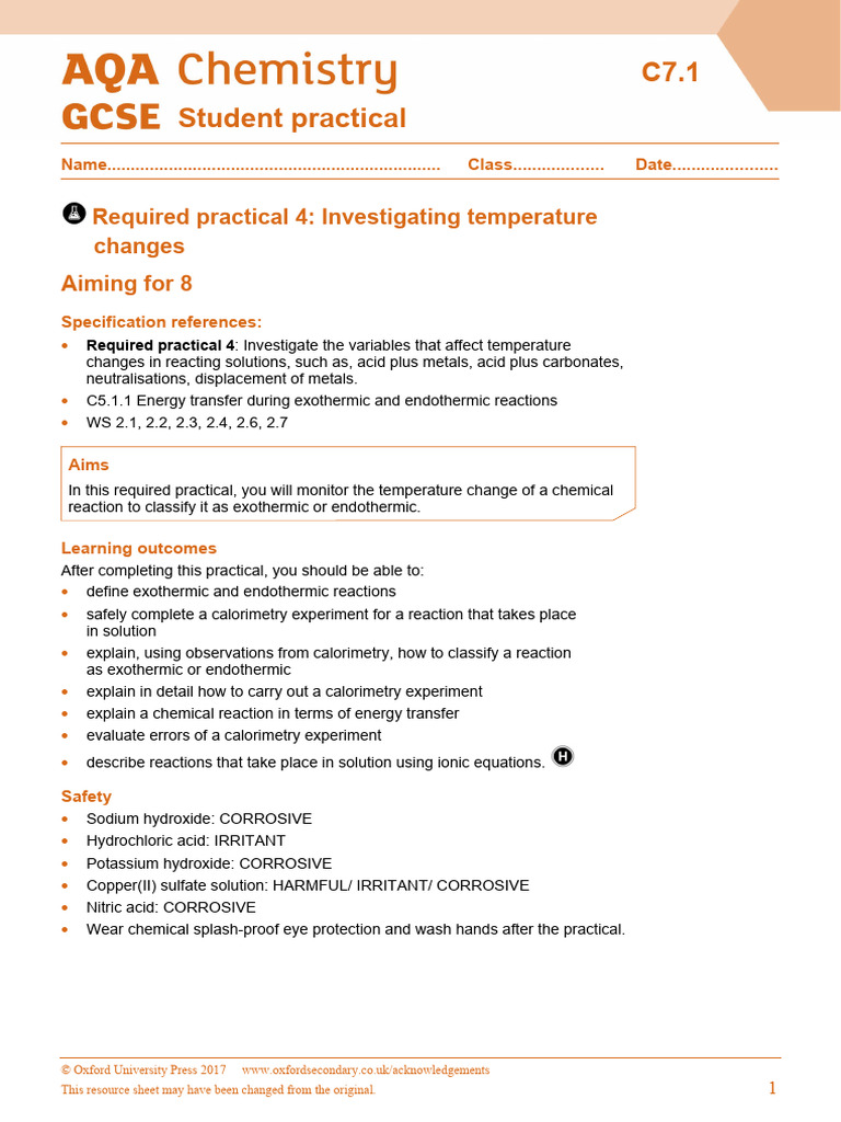 C7 Required Practical Temperature Changes WS | PDF | Chemical Reactions ...