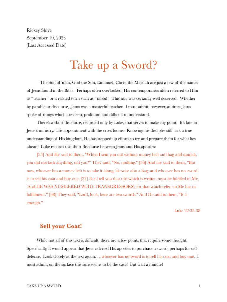 Take Up A Sword? | PDF | Jesus | Disciple (Christianity)
