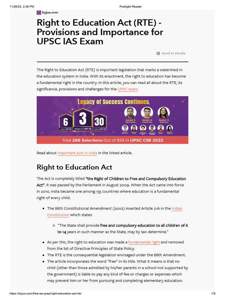 Right To Education Act (RTE) - Provisions and Importance | PDF ...