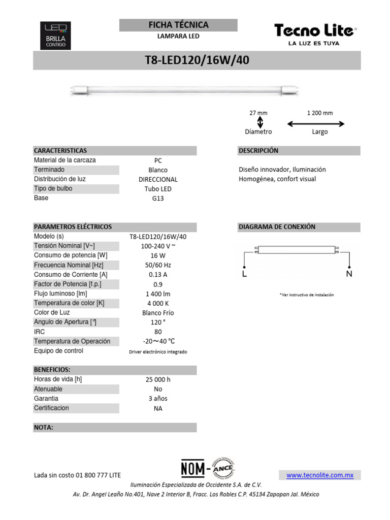 Fichas Tecnicas t8 Led120 16w 40 | PDF