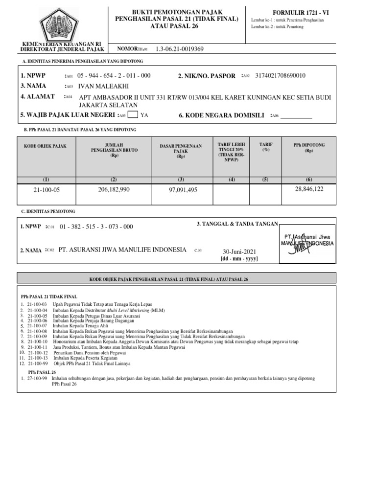 Bukti Pemotongan Pajak PPh 21/26 | PDF
