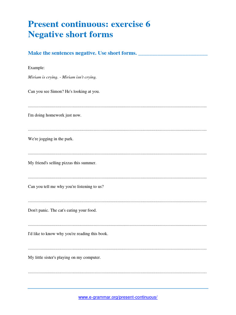 Present Continuous Negative Forms Exercise | PDF | Linguistics | Grammar