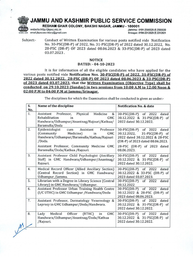 Conduct of Written Examination for various posts notified vide Notification No.30PSC (DRP) of ...