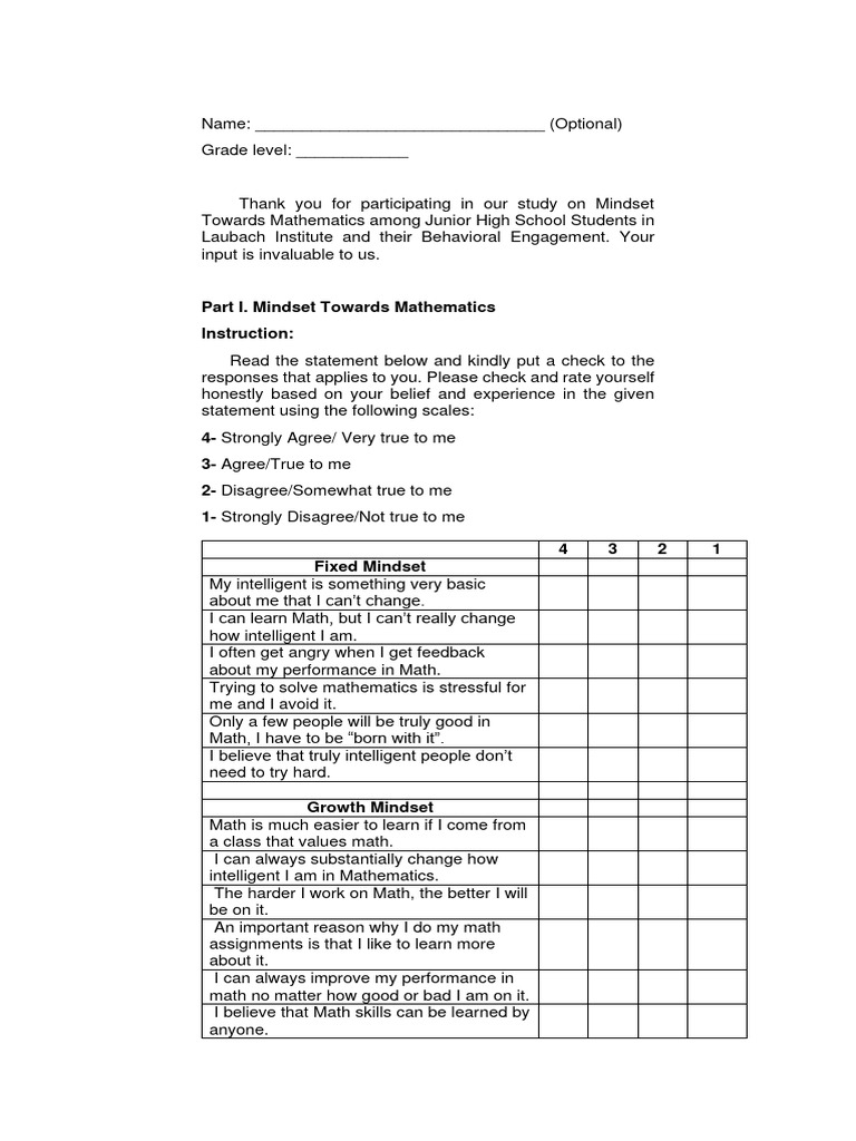 Questionnaire Final Long | PDF | Mindset | Teaching Mathematics