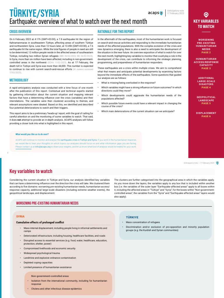 Acaps Anticipatory Analysis Turkiye and Syria Earthquake What To Watch Over The Next Month | PDF ...