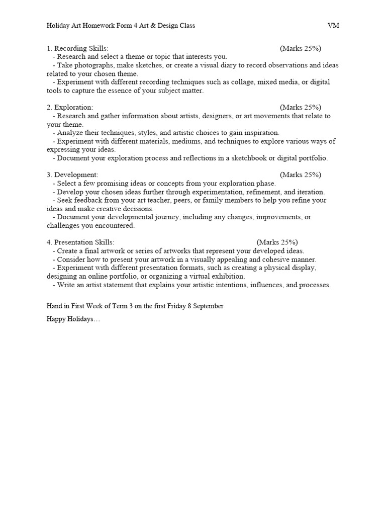Form 4 Art & Design Holiday Homework | PDF