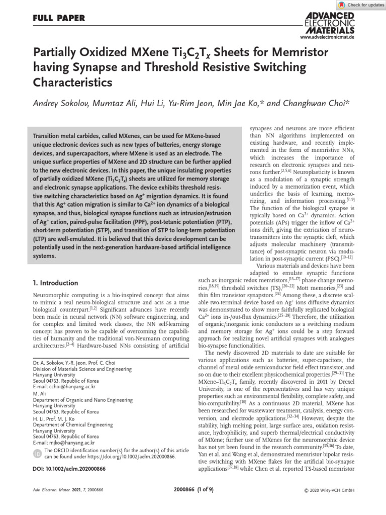 Adv Elect Materials - 2021 - Sokolov - Partially Oxidized MXene Ti3C2Tx Sheets For Memristor ...