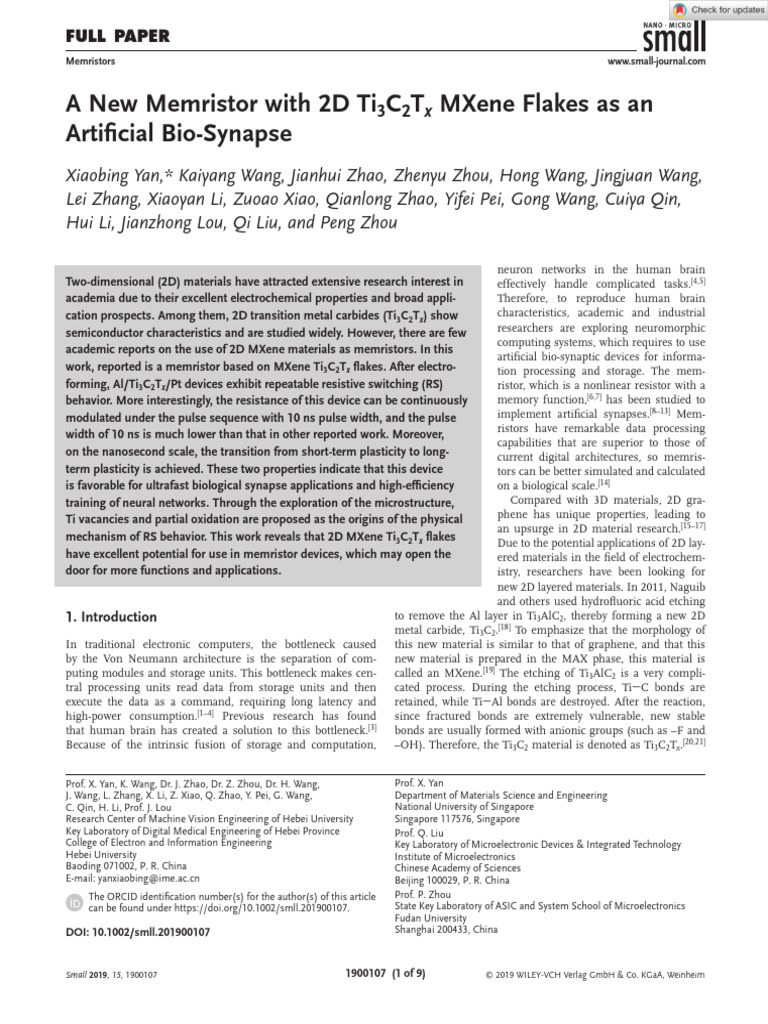 Small - 2019 - Yan - A New Memristor With 2D Ti3C2Tx MXene Flakes As An Artificial Bio Synapse ...