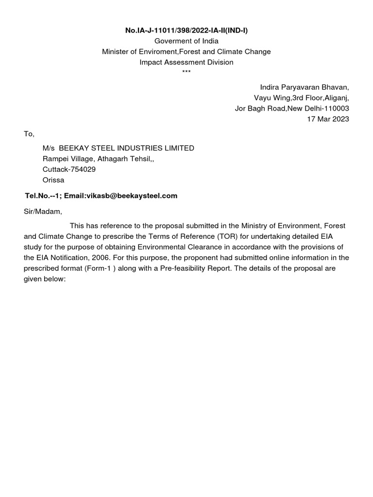 Beekay Steel ToR (Standard) - 18.03.2023 | PDF | Environmental Impact ...