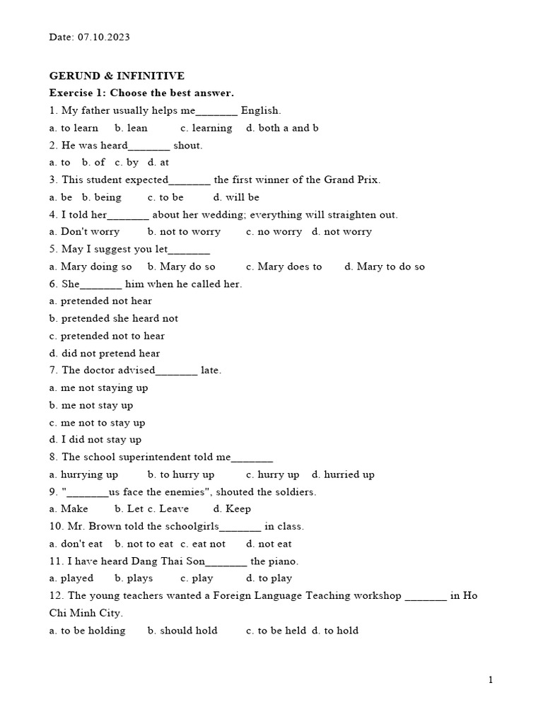 Gerunds & Infinitive - Exercise | PDF