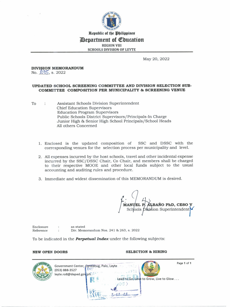 DM No. 295, S. 2022 - Updated School Screening Committee and Division ...