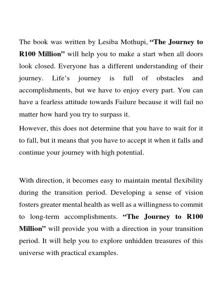 The Journey To R100 Million (Lesiba Mothupi) | PDF | Motivation ...