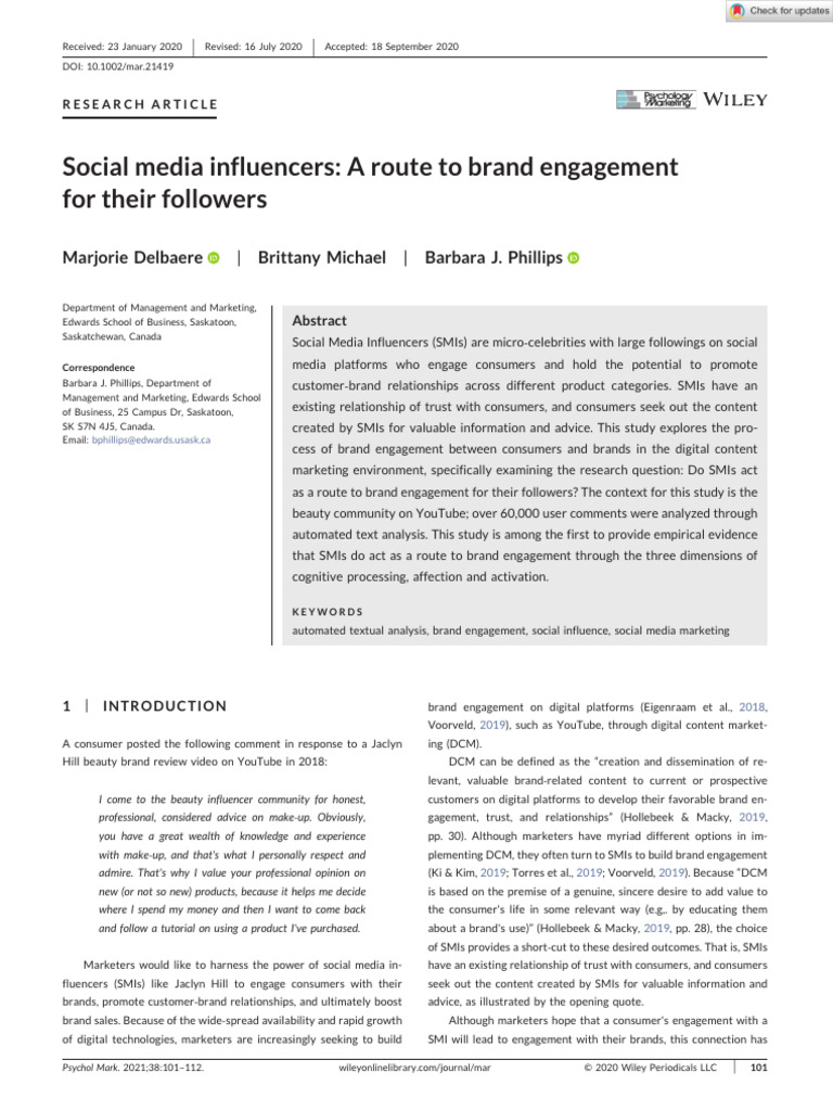 Psychology and Marketing - 2020 - Delbaere - Social Media Influencers A ...