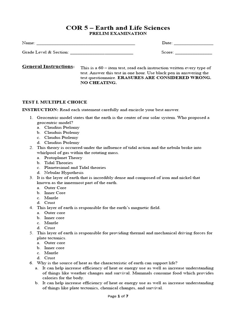 Earth Science Prelim Examination Questionnaire | PDF | Rock (Geology ...