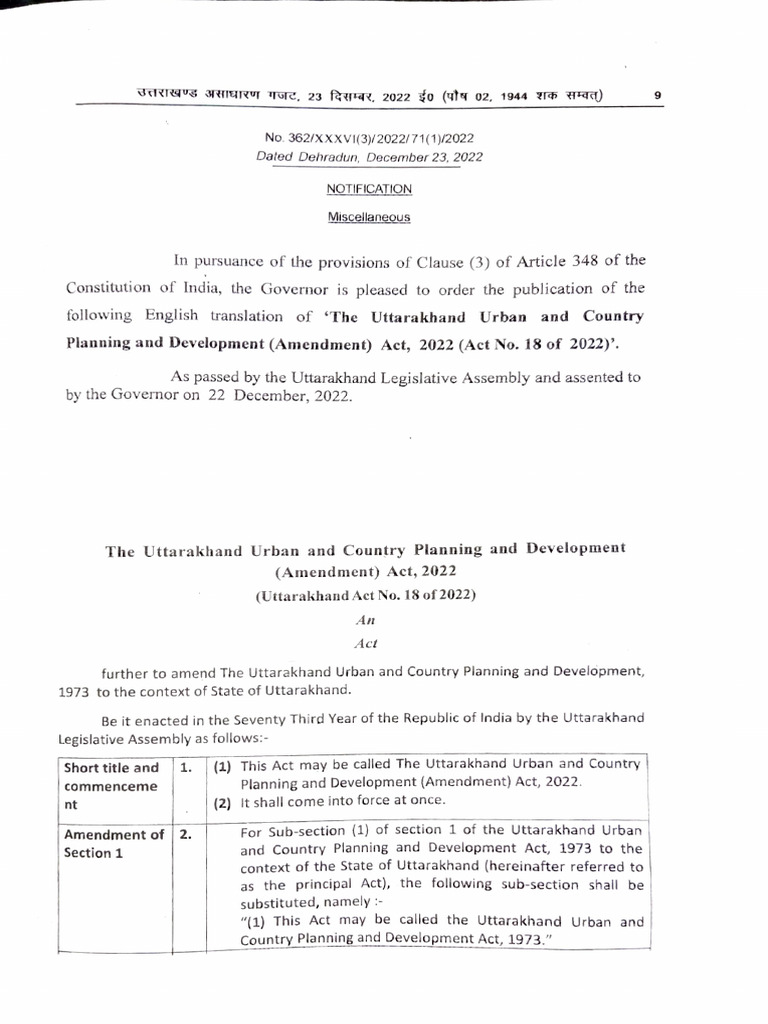 The Uttarakhand Urban and Country Planning and Development (Amendment ...